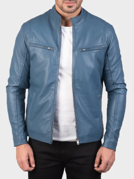 Mens Iconic Blue Leather Biker Jacket